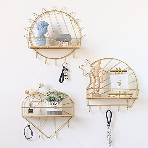 Iron Wall Mounted Storage Shelves,Floating Wall Shelves,Wall Moon Heart Hanging Rack Decorative Display Rack for Living Room Bedroom Kitchen Bathroom (Sun)