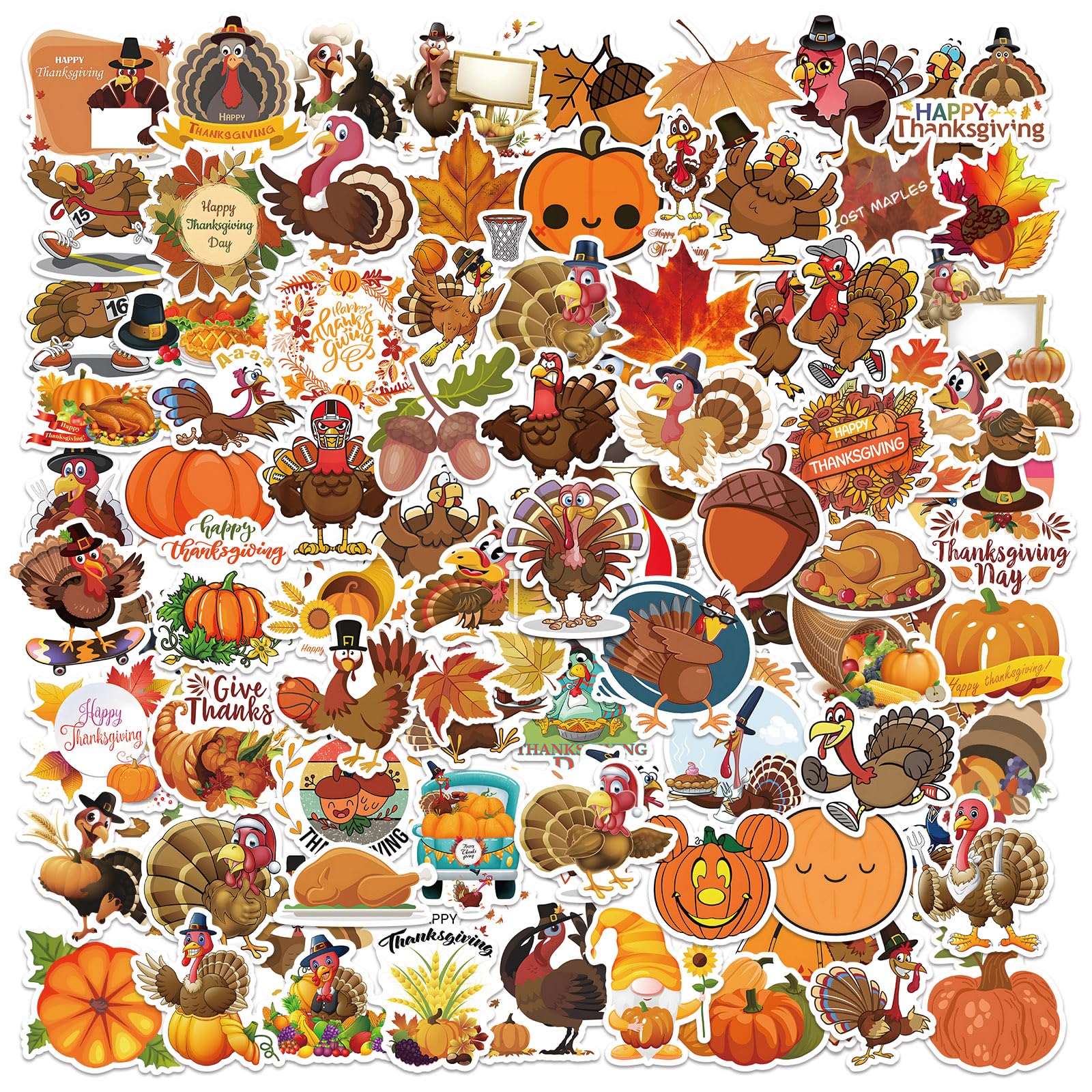 100PCS Fall Stickers Pack, Thanksgiving Turkey Pumpkin Stickers for Kids, Autumn Waterproof Vinyl Gift Stickers for Water Bottles, Cards, Scrapbooking, Harvest Party Favorites