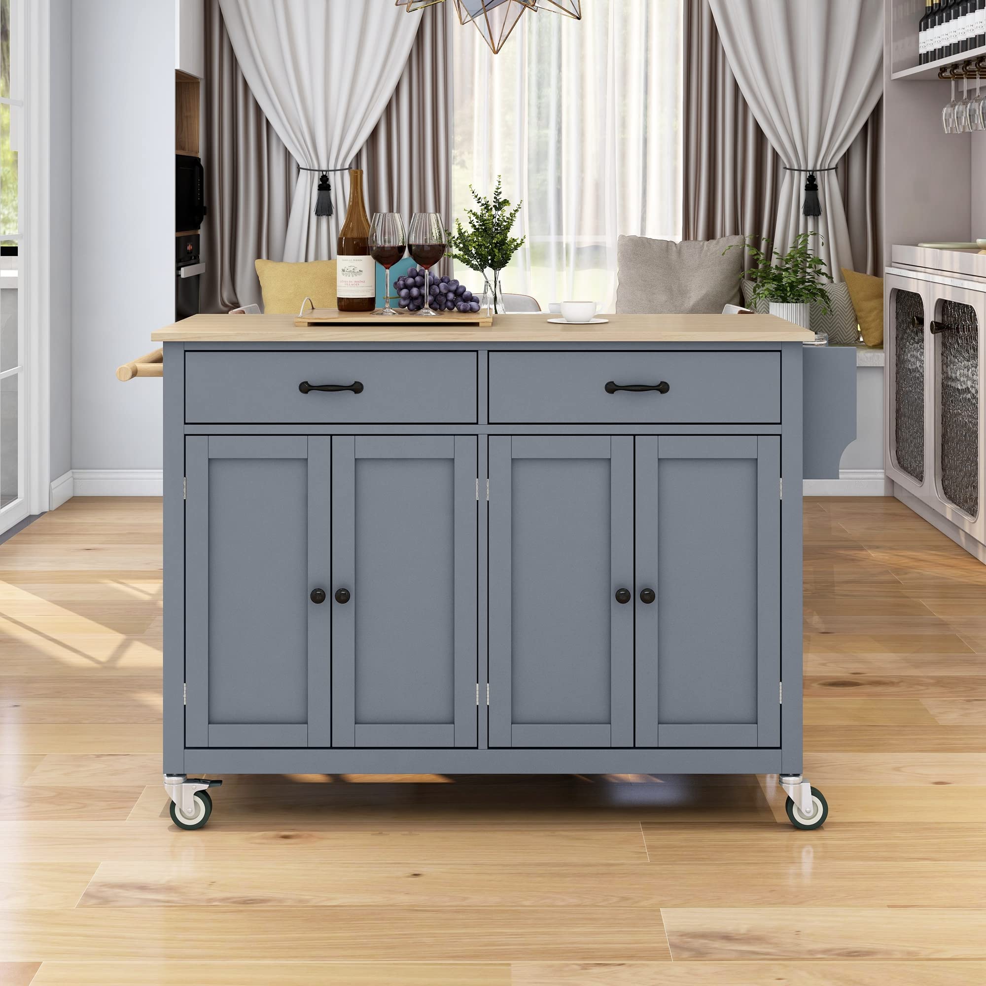 Islands for Kitchens with Storage, Large Kitchen Island Cart on Wheels with Wood Top, Rolling Kitchen Island with Storage Cabinet, Living Room Storage Furniture for Small Spaces, Grey