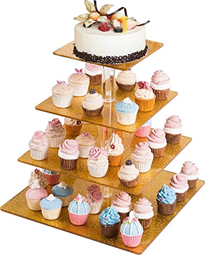 BLBYHO 4 Tier Gold Cupcake Stand, Acrylic Cupcake Tower Display Dessert Stand, Square Cupcake Stand Combo Set for Dessert Table Bases para Cupcake, Good for Birthday Party Wedding, Christmas