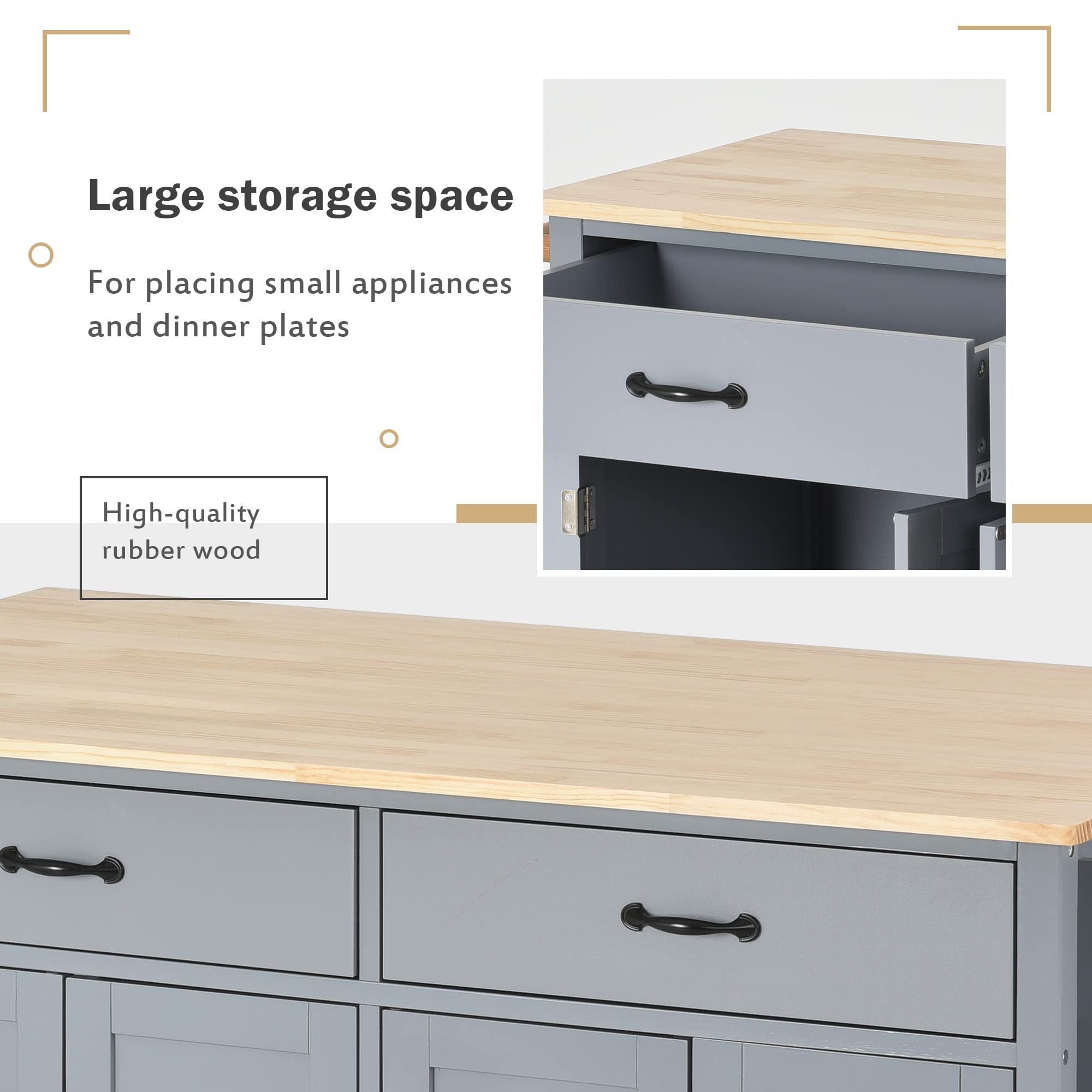 Islands for Kitchens with Storage, Large Kitchen Island Cart on Wheels with Wood Top, Rolling Kitchen Island with Storage Cabinet, Living Room Storage Furniture for Small Spaces, Grey