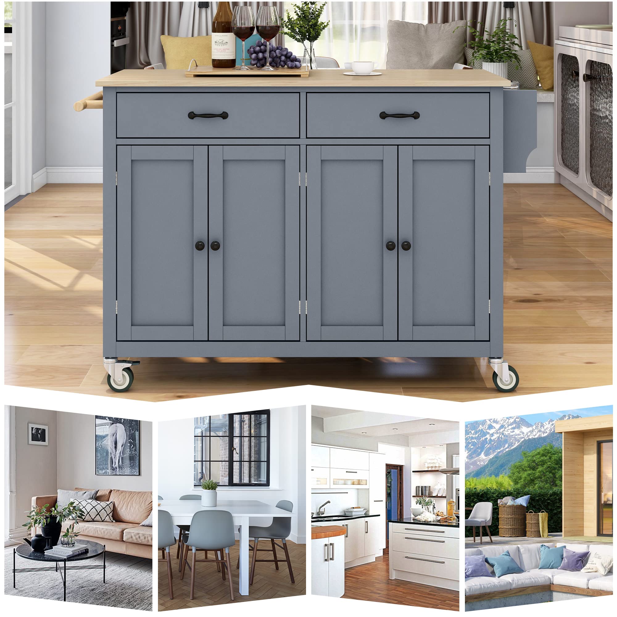Islands for Kitchens with Storage, Large Kitchen Island Cart on Wheels with Wood Top, Rolling Kitchen Island with Storage Cabinet, Living Room Storage Furniture for Small Spaces, Grey