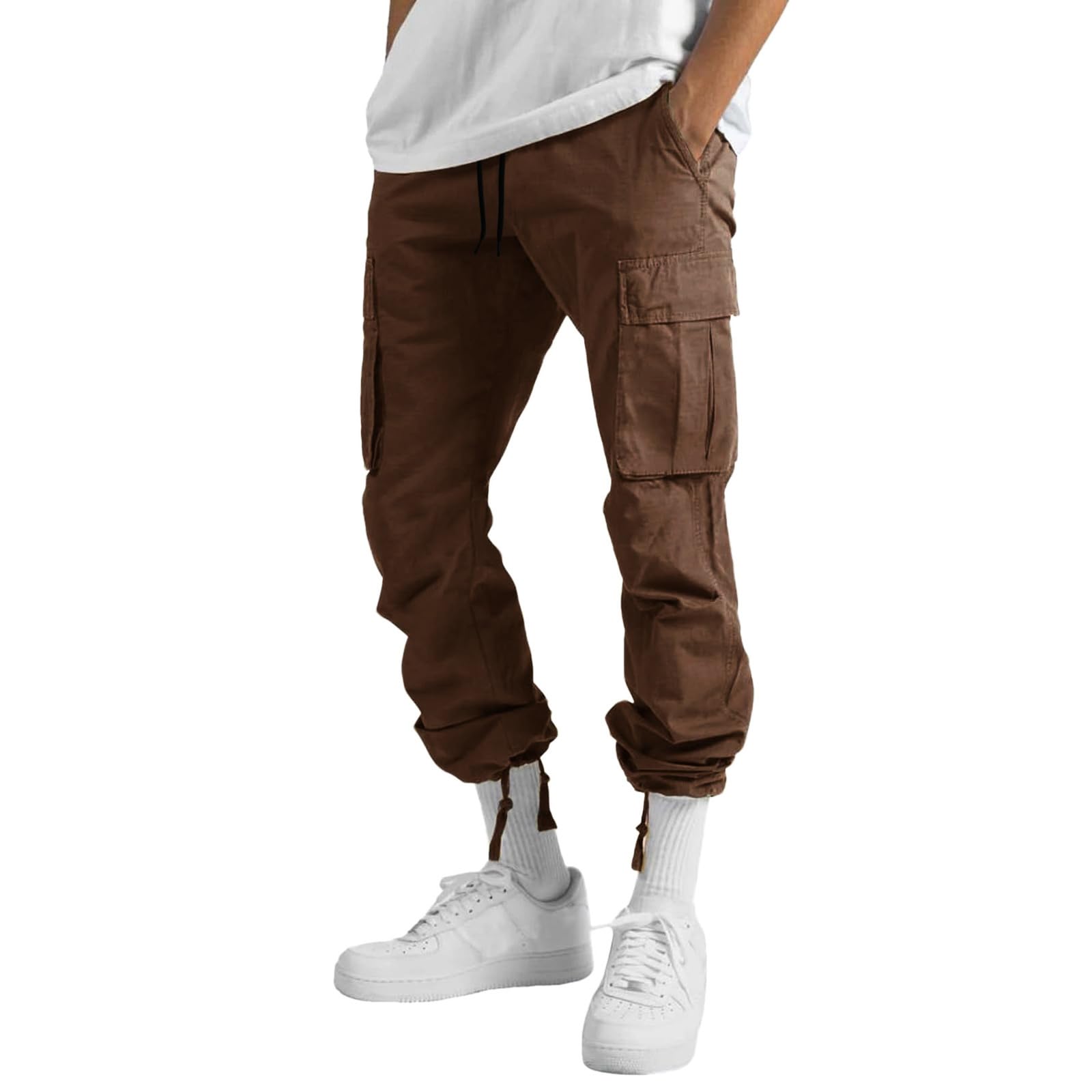 THWEI Mens Cargo Pants Casual Joggers Athletic Pants Cotton Loose Straight Sweatpants Brown L