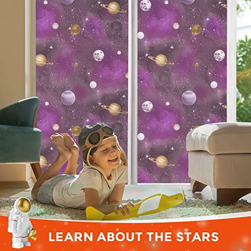 Viseeko Window Privacy Film: Frosted Window Clings Space Planet Pattern Window Decals Static Cling Window Sticker Non-Adhesive for Kids Room Home Office(Purple, 17.5x78.7Inches)