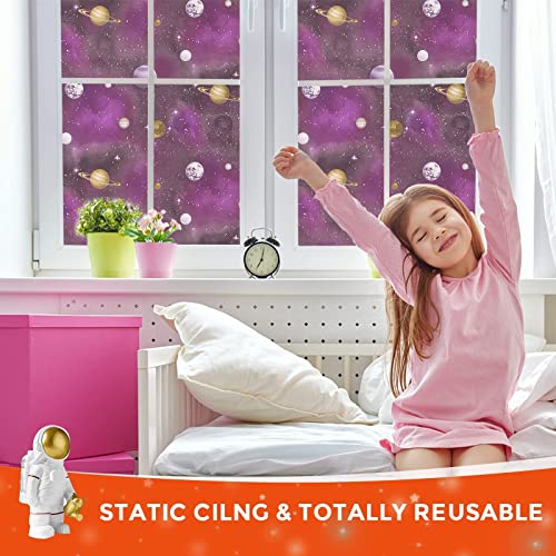 Viseeko Window Privacy Film: Frosted Window Clings Space Planet Pattern Window Decals Static Cling Window Sticker Non-Adhesive for Kids Room Home Office(Purple, 17.5x78.7Inches)
