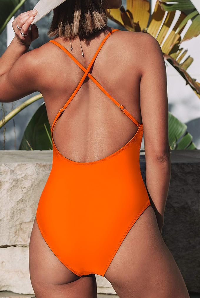 ATENGNES Women's Sexy One Piece Swimsuit V Neck Cross Back Swimwear Bathing Suit Orange