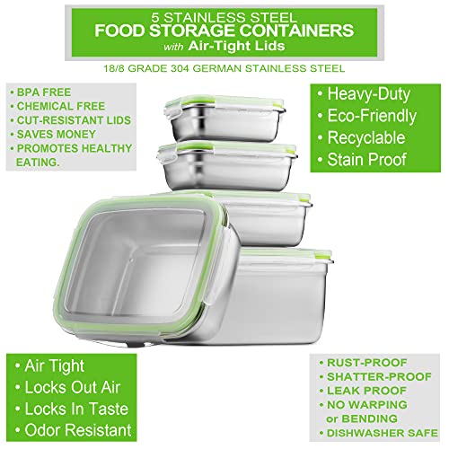 Stainless Steel Food Storage Containers | Leak Proof & Airtight Lids | Set of 5 Containers BPA Free that are Dishwasher & Freezer Safe