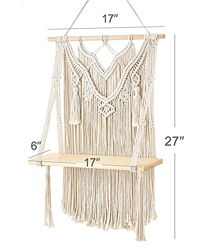 Mkono Macrame Wall Hanging Shelf Boho Decor Wood Floating Shelf for Bedroom Living Room Nursery Bathroom, Handmade Woven Rope Storage Rack for Photo Frames Plant Display