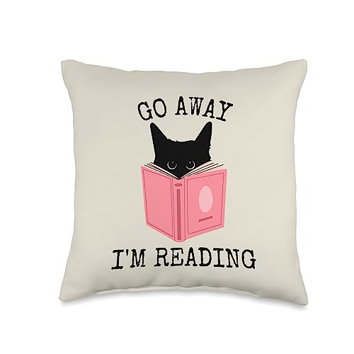Cute Kitten Reader Cat & Book Lover Bookworm Go Away Funny Black Cat Nerd Read Book Booklover Throw Pillow, 16x16, Multicolor