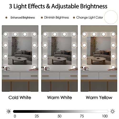 Vabches Makeup Vanity with Lighted Mirror,Vanity Mirror with Lights and Table Set,Vanity Set with 10 LED,Vanity Desk with 3 Lighting Modes and 2 Drawers&Cushioned Stool for Bedroom.