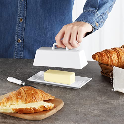 Yedio Porcelain Butter Dish Set with Lid and Knife,Butter Holder with Handle, Perfect for East and West Coast Butter, Dishwasher Safe, White