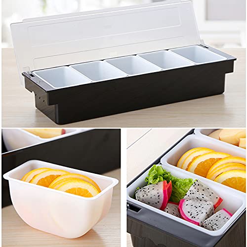 5 Compartment Plastic Dispenser Fruit Veggie Condiment Caddy with Lid,Ice Cooled Condiment Serving Container Chilled Garnish Tray Bar Caddy for Home Work or Restaurant (Black)