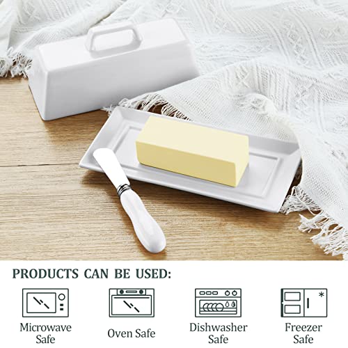 Yedio Porcelain Butter Dish Set with Lid and Knife,Butter Holder with Handle, Perfect for East and West Coast Butter, Dishwasher Safe, White