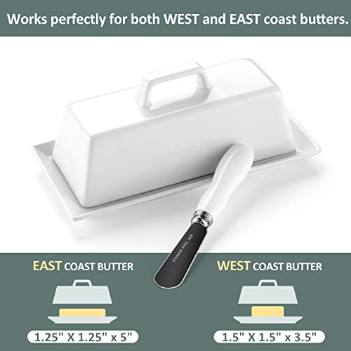 Yedio Porcelain Butter Dish Set with Lid and Knife,Butter Holder with Handle, Perfect for East and West Coast Butter, Dishwasher Safe, White