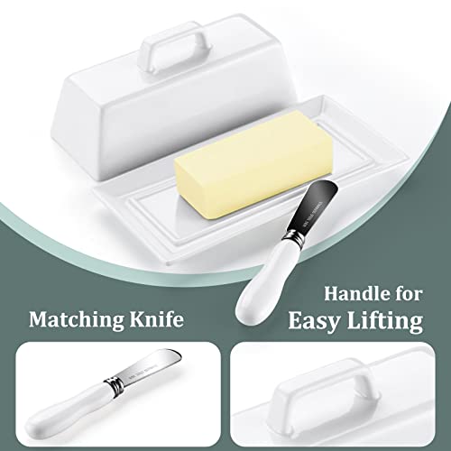 Yedio Porcelain Butter Dish Set with Lid and Knife,Butter Holder with Handle, Perfect for East and West Coast Butter, Dishwasher Safe, White