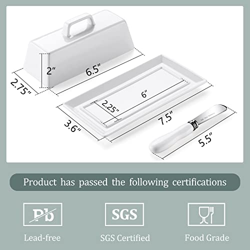Yedio Porcelain Butter Dish Set with Lid and Knife,Butter Holder with Handle, Perfect for East and West Coast Butter, Dishwasher Safe, White