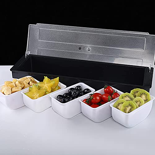 5 Compartment Plastic Dispenser Fruit Veggie Condiment Caddy with Lid,Ice Cooled Condiment Serving Container Chilled Garnish Tray Bar Caddy for Home Work or Restaurant (Black)