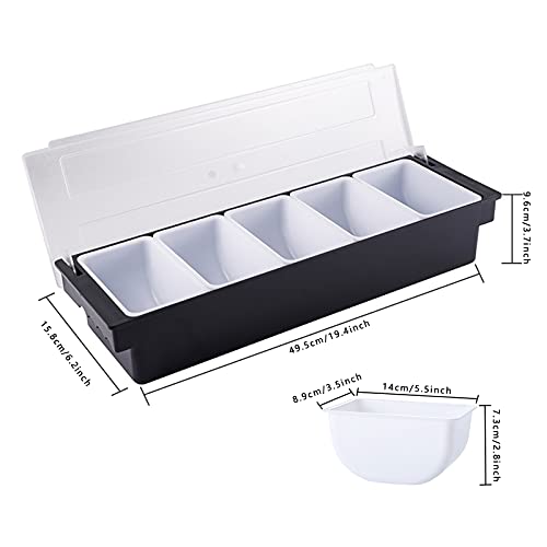 5 Compartment Plastic Dispenser Fruit Veggie Condiment Caddy with Lid,Ice Cooled Condiment Serving Container Chilled Garnish Tray Bar Caddy for Home Work or Restaurant (Black)