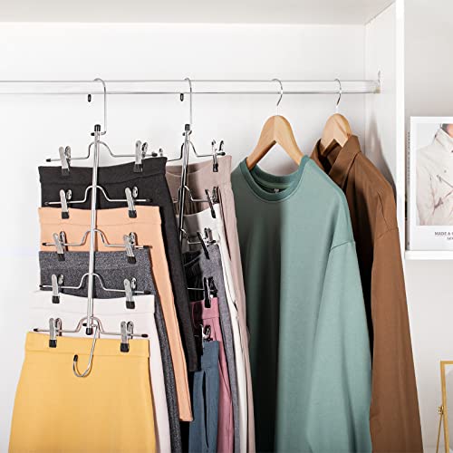 CINKSY Pants Skirt Hangers Space Saving 5 Tier Metal Skirt Hanger with Adjustable Clips Pants Trouser Hangers Closet Organizer for Jeans, Slacks, Shorts - 3 Pack