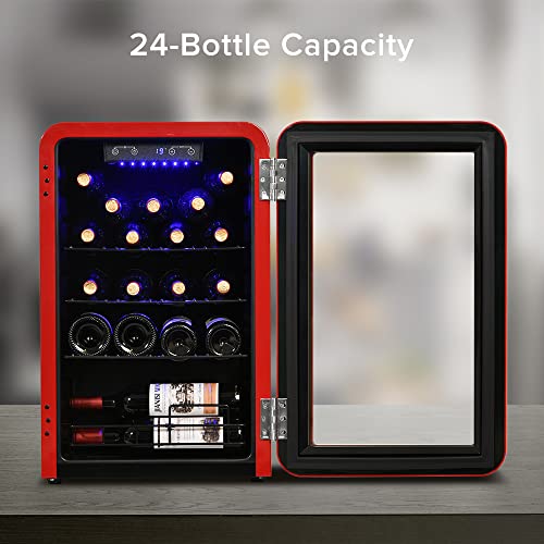 MAXTRAL Mini Wine Fridge, 24 Bottles Small Wine Fridge, Wine Fridge Freestanding, Wine Fridge Under Counter, Wine Bottle Cooler, Digital Temperature Control, UV-Protective (Red + Metal)