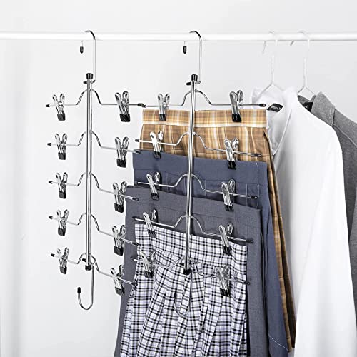 CINKSY Pants Skirt Hangers Space Saving 5 Tier Metal Skirt Hanger with Adjustable Clips Pants Trouser Hangers Closet Organizer for Jeans, Slacks, Shorts - 3 Pack