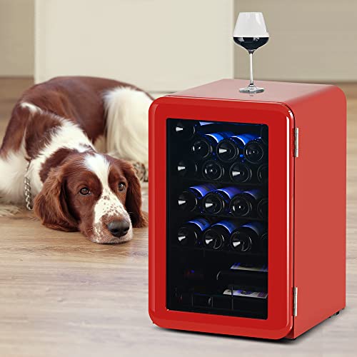MAXTRAL Mini Wine Fridge, 24 Bottles Small Wine Fridge, Wine Fridge Freestanding, Wine Fridge Under Counter, Wine Bottle Cooler, Digital Temperature Control, UV-Protective (Red + Metal)