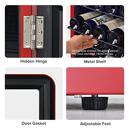 MAXTRAL Mini Wine Fridge, 24 Bottles Small Wine Fridge, Wine Fridge Freestanding, Wine Fridge Under Counter, Wine Bottle Cooler, Digital Temperature Control, UV-Protective (Red + Metal)