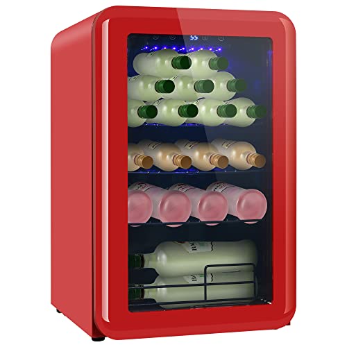 MAXTRAL Mini Wine Fridge, 24 Bottles Small Wine Fridge, Wine Fridge Freestanding, Wine Fridge Under Counter, Wine Bottle Cooler, Digital Temperature Control, UV-Protective (Red + Metal)