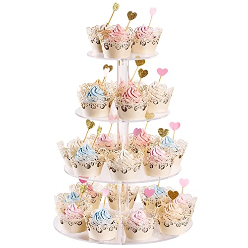 Cupcake Stand, 4-Tier Round Acrylic Cupcake Display Stand Dessert Tower Pastry Stand for Wedding Birthday Theme Party- 15.3 Inches (Transparent)