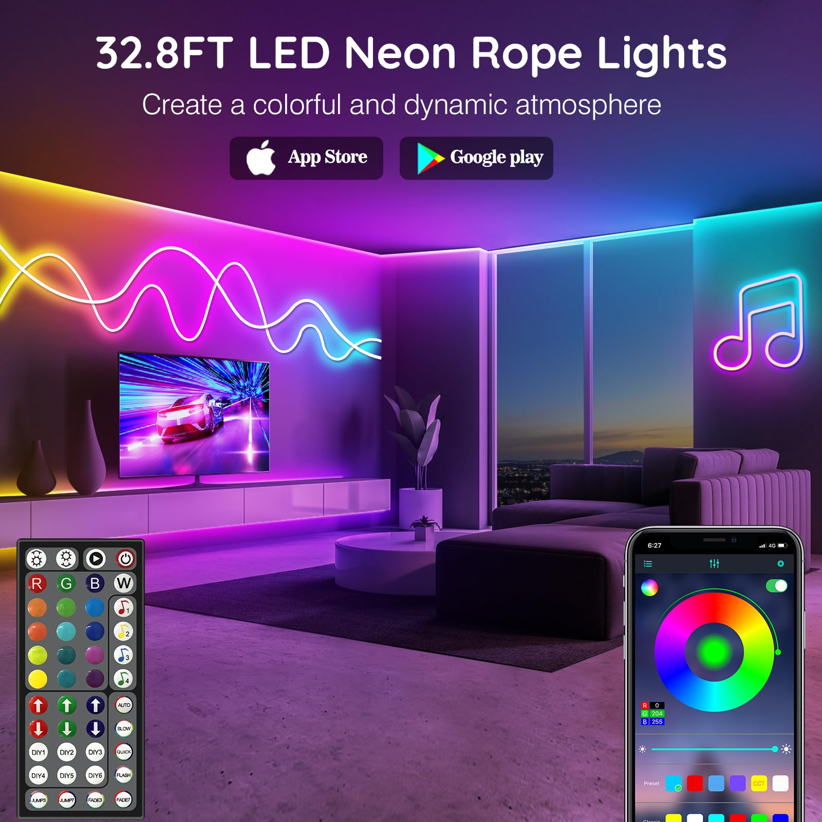 Led Neon Rope Lights 32.8Ft,Control with App/Remote,Flexible Rope Lights,Multiple Mode Led Neon Strip,IP65 Outdoor RGB Neon Lights Waterproof,Music Sync Gaming Led Neon Strip Lights for Bedroom Indoor