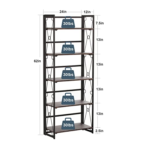 VECELO Bookshelf, 5 Shelf Folding Bookcase No Assembly, Industrial Metal Standing Shelves Organizer for Living Room, Bedroom and Office, Teakwood Brown