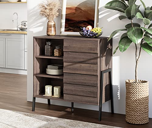 WAMPAT Buffet Cabinet with 6 Storages, Modern Kitchen Storage Cabinet Industrial Farmhouse Coffee Bar Table, Multipurpose Side Console Table for Living Room, Bathroom (Brown)