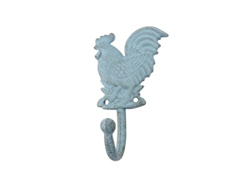 Handcrafted Nautical Decor Rustic Light Blue Cast Iron Rooster Hook 7"