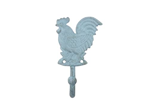 Handcrafted Nautical Decor Rustic Light Blue Cast Iron Rooster Hook 7"