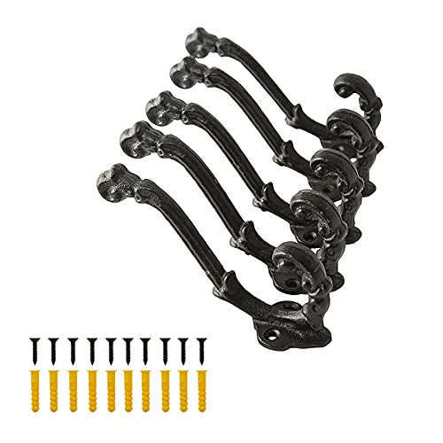 0-moyi 5 Packs Vintage Decorative Hooks Cast Iron Wall Wood Mounted Hooks Sturdy for Farmhouse Coats Bags Hats Towels(Screws Included)