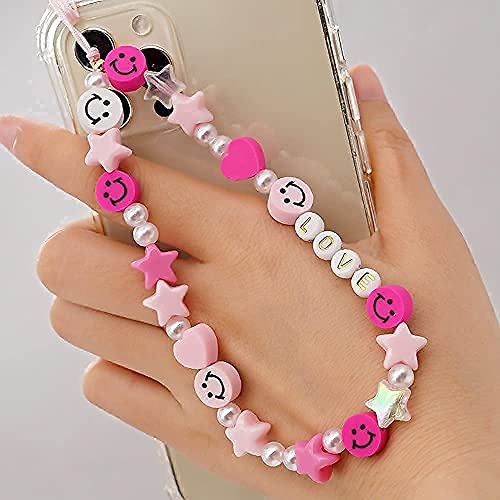 Beaded Phone Lanyard Wrist Strap Smiley Face Beaded Handmade Colorful Polymer Clay Acrylic Beads Pearl Phone Charm Strap for Women Grils