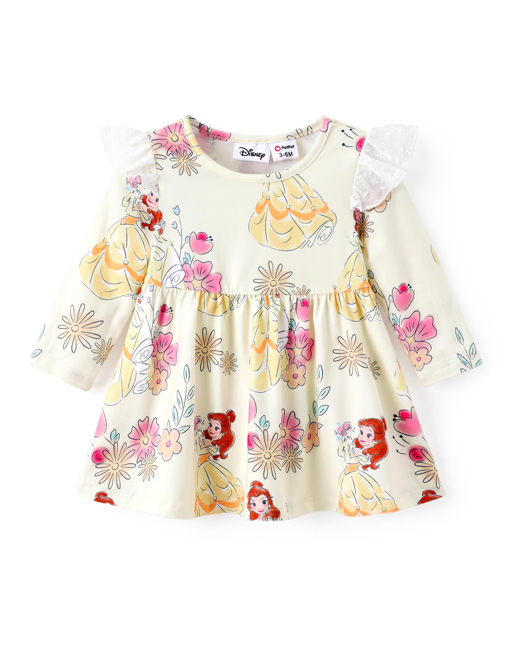 Disney Princess Belle Baby Girl Dress Fall Casual Ruffle Long-Sleeve Baby Clothes A Line Floral Character Print Dresses Yellow 3-6 Months