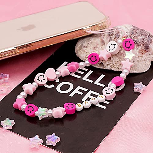 Beaded Phone Lanyard Wrist Strap Smiley Face Beaded Handmade Colorful Polymer Clay Acrylic Beads Pearl Phone Charm Strap for Women Grils