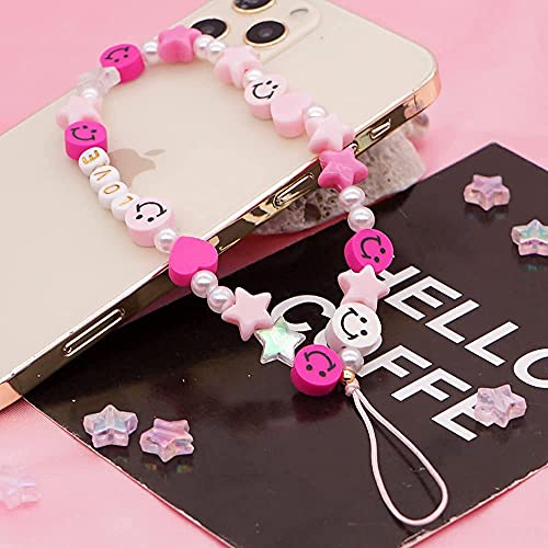 Beaded Phone Lanyard Wrist Strap Smiley Face Beaded Handmade Colorful Polymer Clay Acrylic Beads Pearl Phone Charm Strap for Women Grils