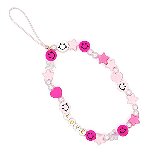Beaded Phone Lanyard Wrist Strap Smiley Face Beaded Handmade Colorful Polymer Clay Acrylic Beads Pearl Phone Charm Strap for Women Grils