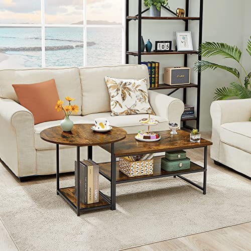 WOHOMO Coffee Table, 2 in 1 Unique Detachable Nesting Coffee Table Set of 2, Small Round and Rectangular Living Room Table Set, Industrial Modern Style Coffee Tables for Living Room, Rustic Brown