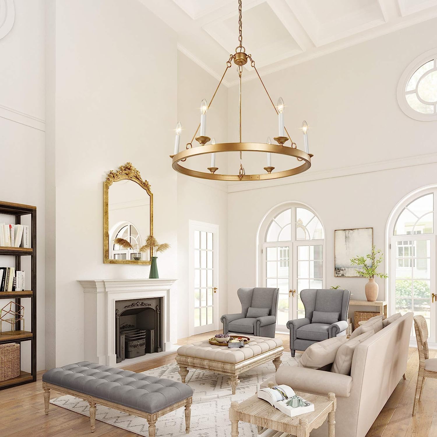 Uolfin Wagon Wheel Chandelier Gold, Modern Large 26.5β Dining Room Chandelier Light Fixture with 6 White Candlesticks for Kitchen, Living Room and Bedroom