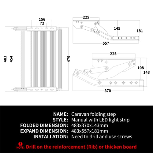 DALUOBO RV Manual Folding Ladder Step with 12V LED Light motorhomes Aluminum Alloy Single Step Telescopic Antiskid Camper Travel Trailer