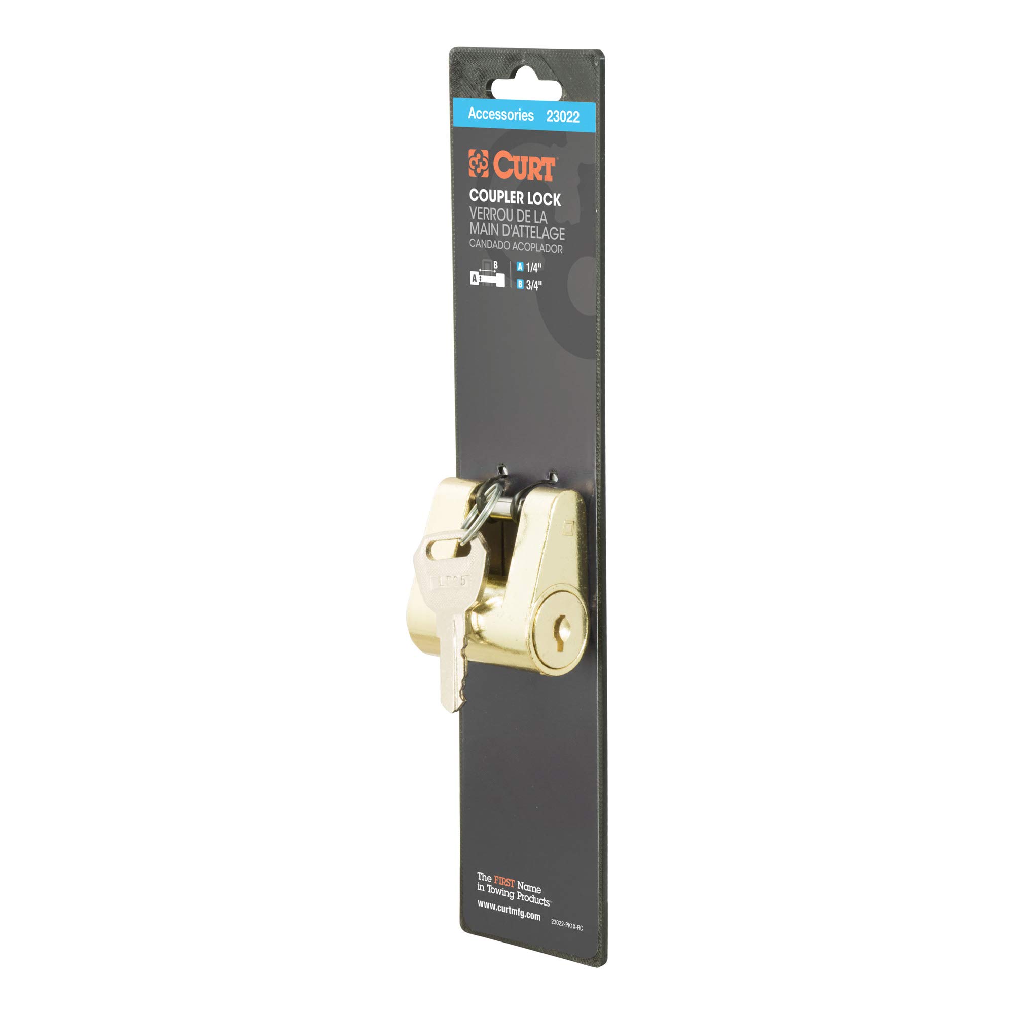 CURT 23022 Brass-Plated Steel Trailer Tongue Coupler Lock, 1/4-Inch Pin Diameter, Up to 3/4-Inch Span
