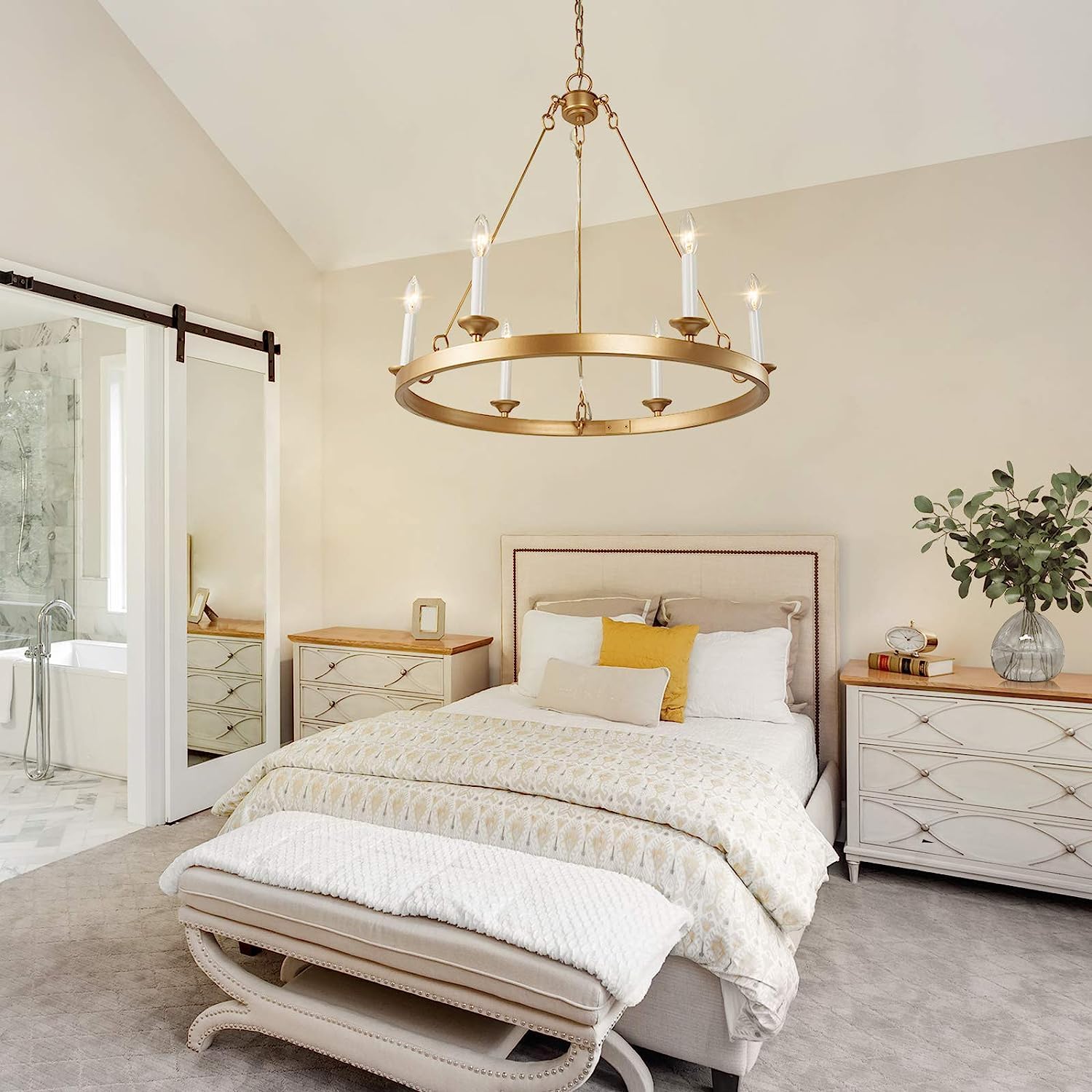 Uolfin Wagon Wheel Chandelier Gold, Modern Large 26.5β Dining Room Chandelier Light Fixture with 6 White Candlesticks for Kitchen, Living Room and Bedroom
