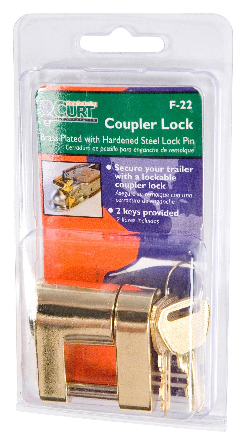 CURT 23022 Brass-Plated Steel Trailer Tongue Coupler Lock, 1/4-Inch Pin Diameter, Up to 3/4-Inch Span