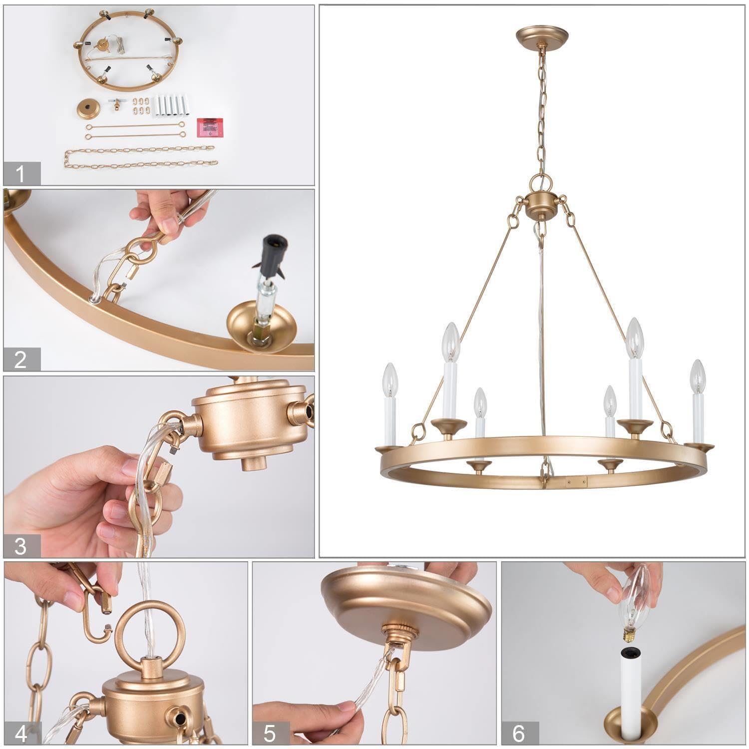 Uolfin Wagon Wheel Chandelier Gold, Modern Large 26.5β Dining Room Chandelier Light Fixture with 6 White Candlesticks for Kitchen, Living Room and Bedroom