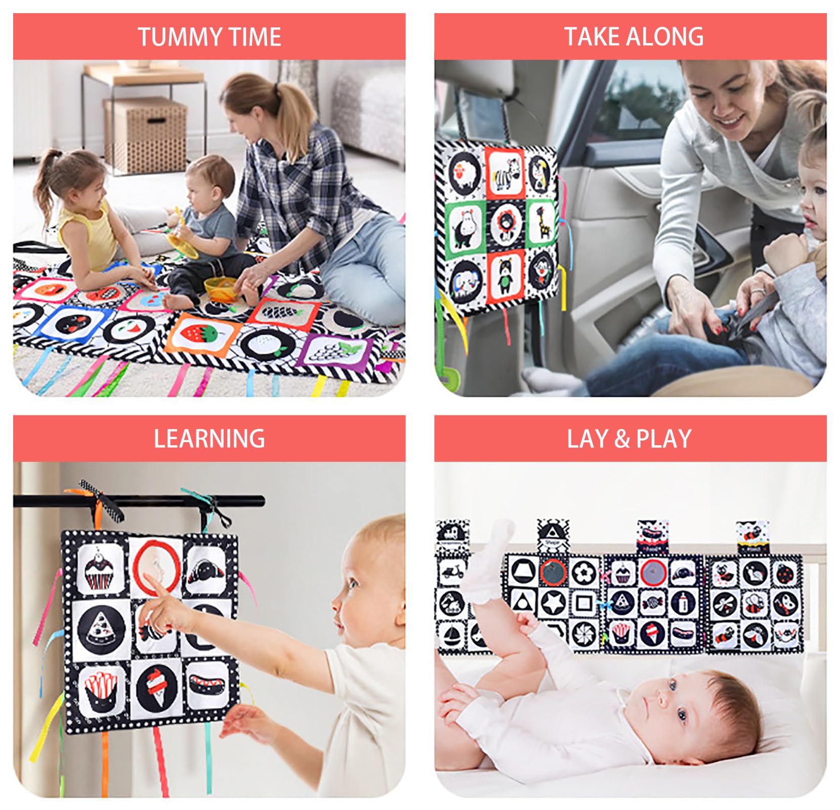 ONTODEX Baby Toys 0-6 Months, 4-in-1 Infant Tummy Time Mat, Newborn Black and White High Contrast Toddler Sensory Activity Play Mat with Mirror, Teethers, Rattles