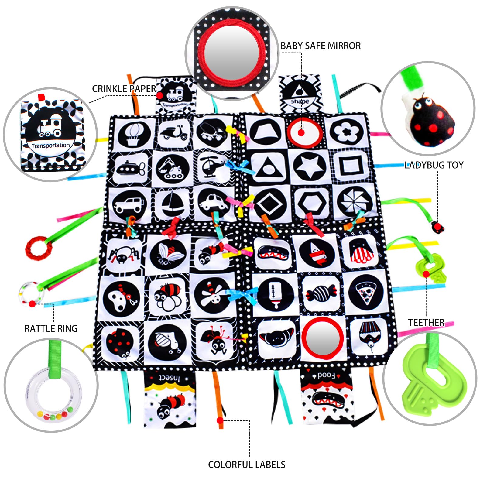 ONTODEX Baby Toys 0-6 Months, 4-in-1 Infant Tummy Time Mat, Newborn Black and White High Contrast Toddler Sensory Activity Play Mat with Mirror, Teethers, Rattles