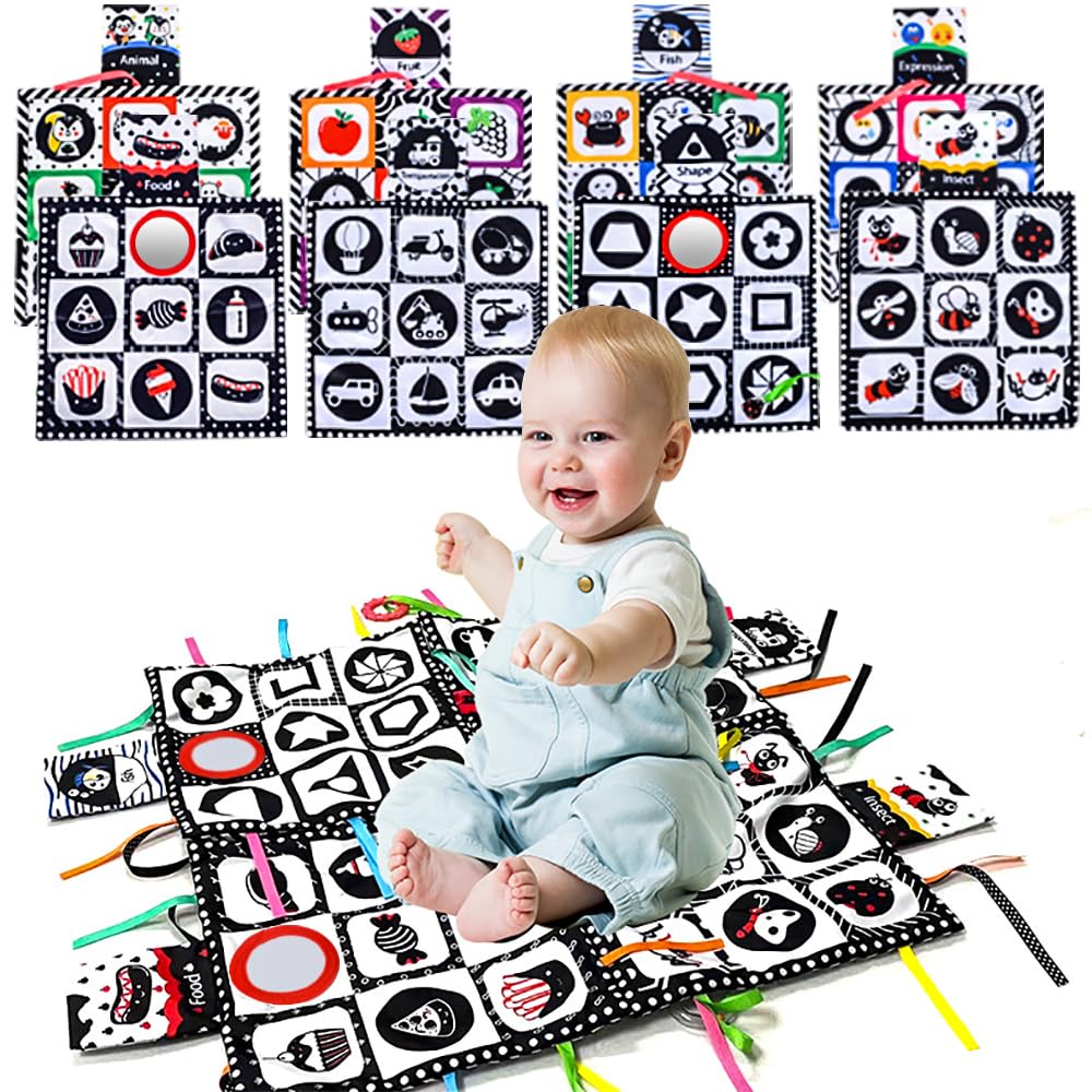 ONTODEX Baby Toys 0-6 Months, 4-in-1 Infant Tummy Time Mat, Newborn Black and White High Contrast Toddler Sensory Activity Play Mat with Mirror, Teethers, Rattles